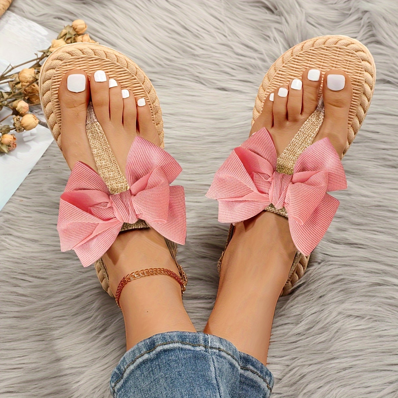 Women's Solid Color Thong Sandals Elastic Ankle Strap - Temu United Kingdom