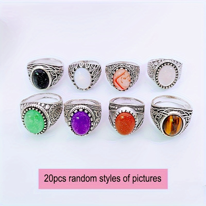 Silvery Retro Style Stone Inlaid Synthetic Gemstone Ring, Tiger Eye ...