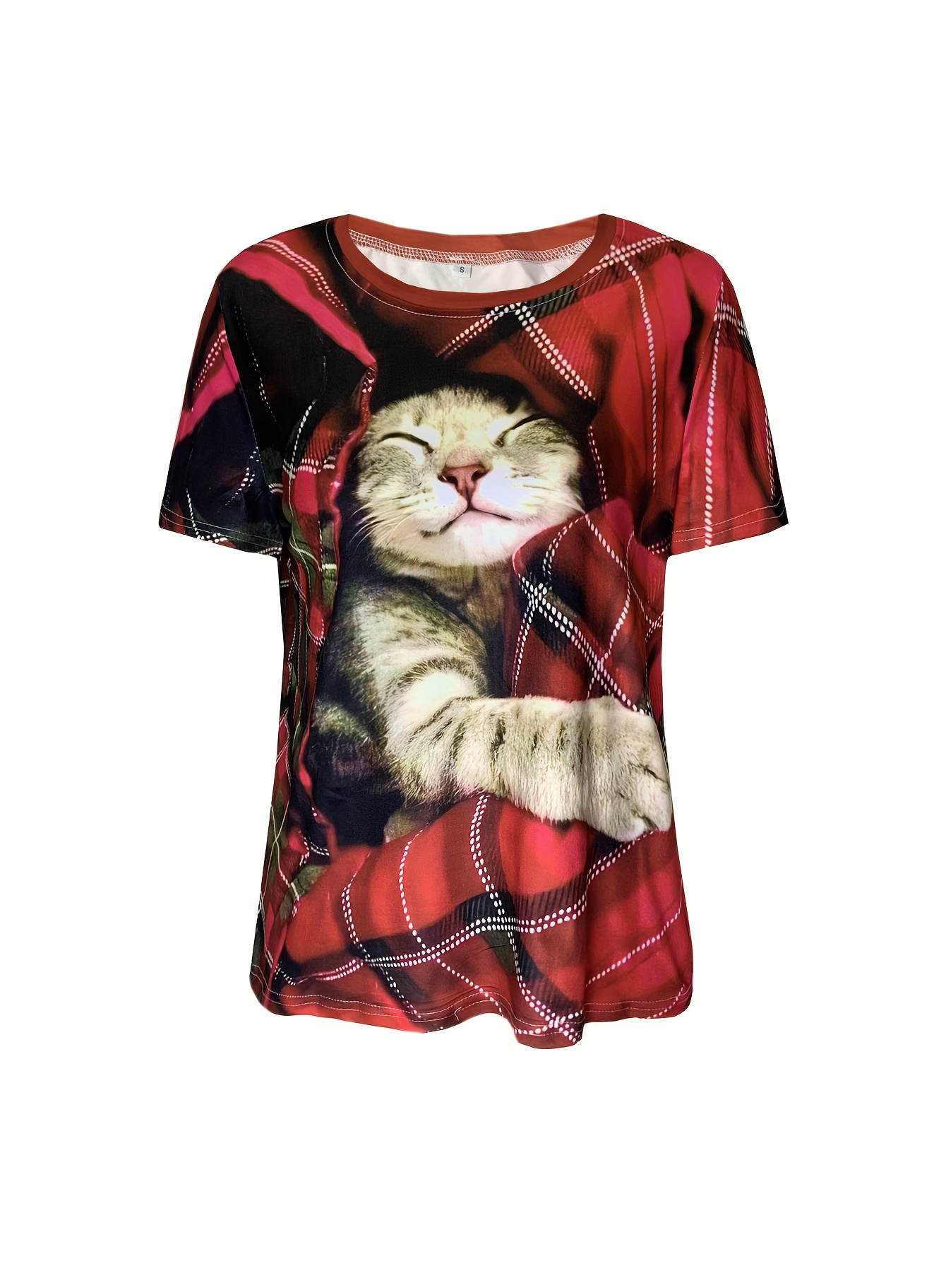 Cat Print Crew Neck T shirt Casual Short Sleeve Top Spring - Temu ...