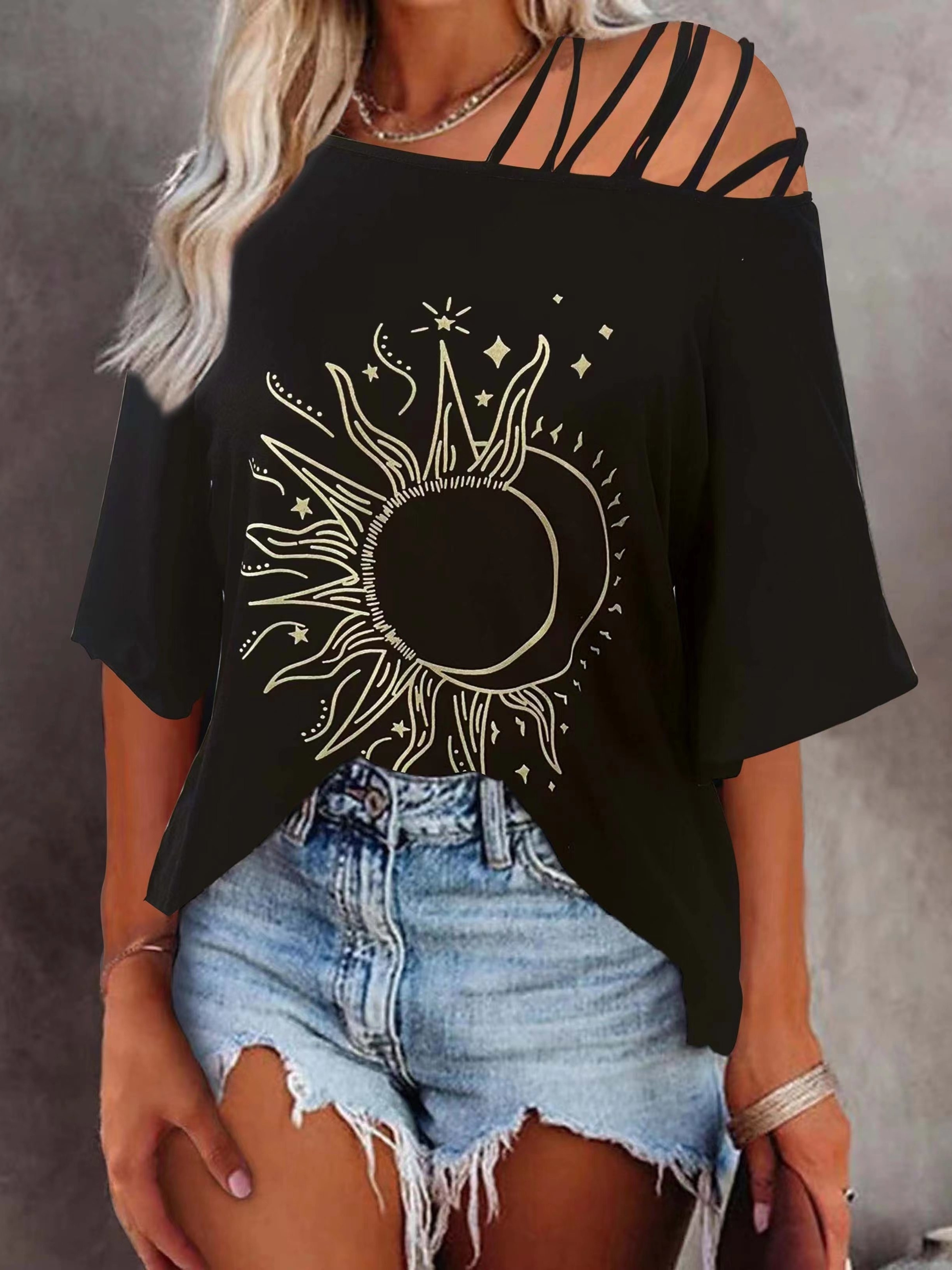 グラフィックプリント非対称ショルダーtシャツ 半袖ストラップtシャツ春夏用 婦人服 Temu Japan