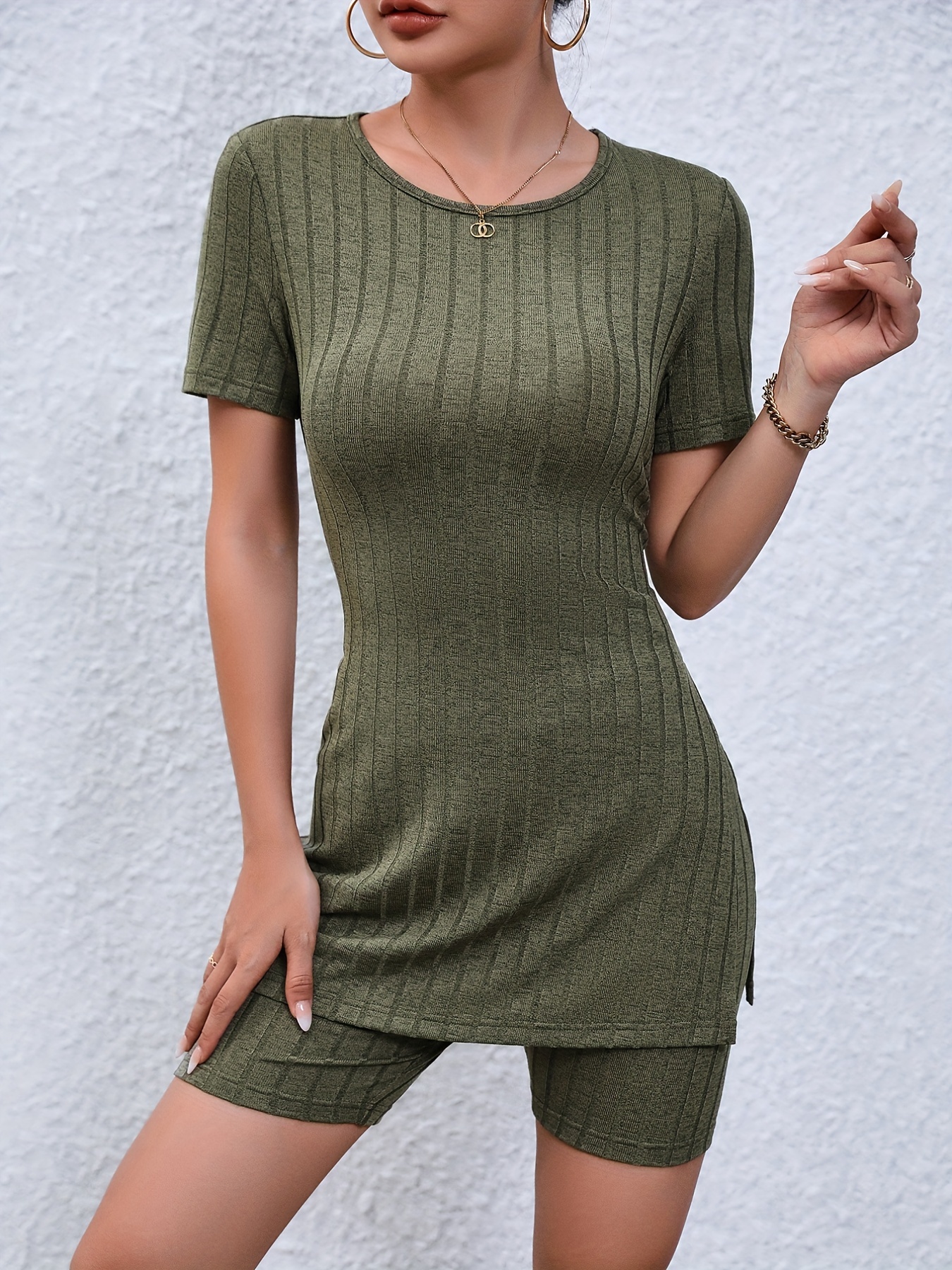 Solid Ribbed Two piece Set Crew Neck Short Sleeve - Temu Canada