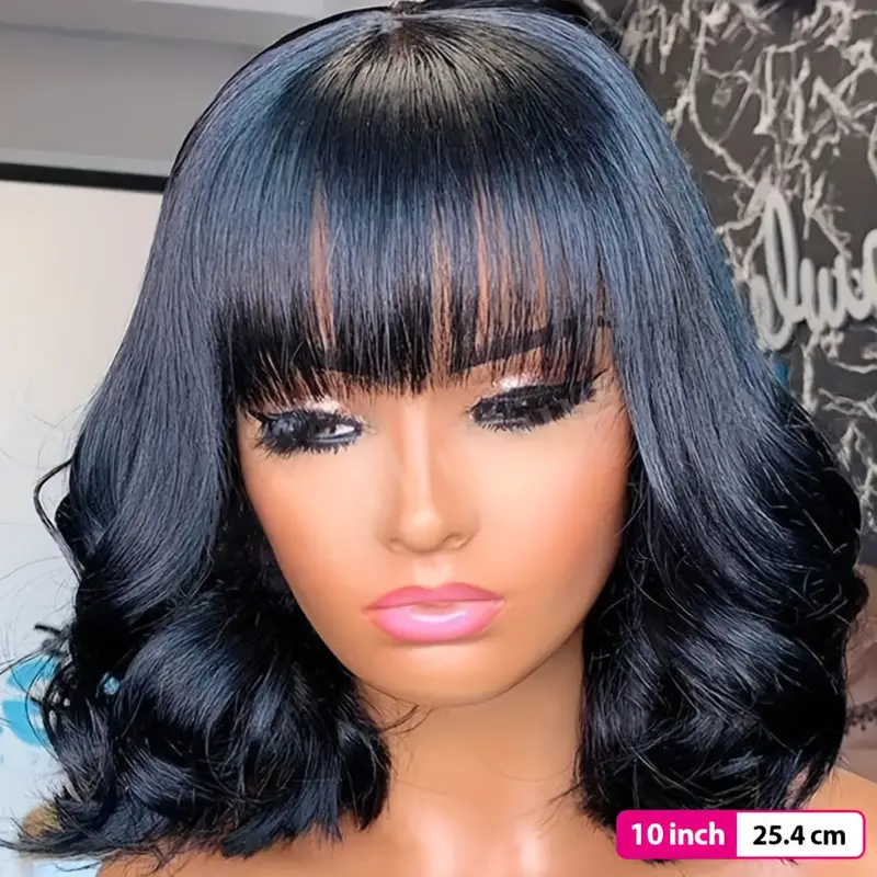 Short Bob Wig Loose Body Wave Wig Bangs Brazilian Remy 100 Temu