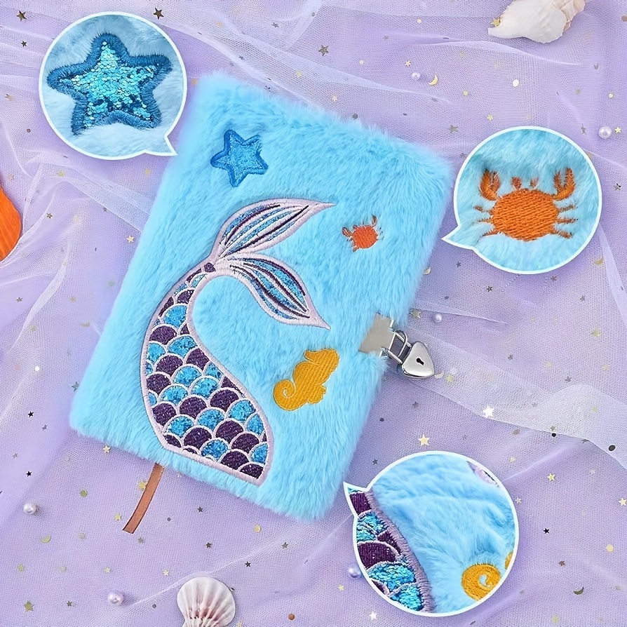 Plush Mermaid Notebook Sparkly Embroidery Diary Lock Journal - Temu Denmark