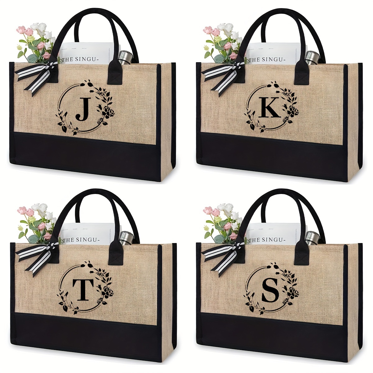 Floral Letter Print Tote Bag Simple Burlap Shoulder Bag - Temu Australia