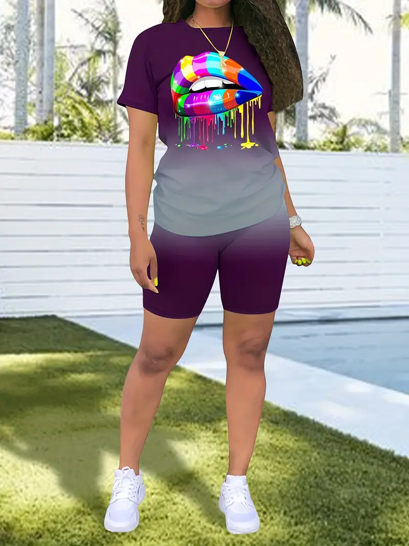 Tie Dye Colorful Lips Print Two Piece Set Short Sleeve T Temu Denmark
