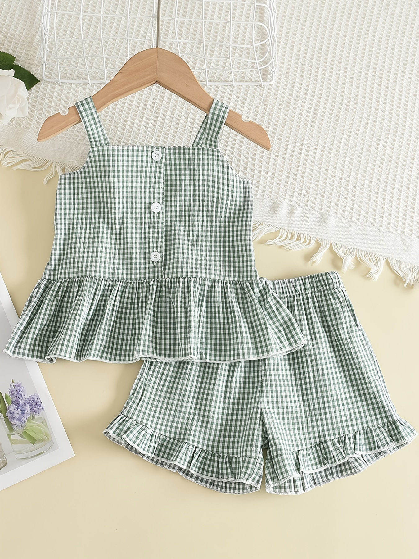 Hem Plaid Tops Toddler Girls Button Ruffle Shorts Set Kids - Temu Canada