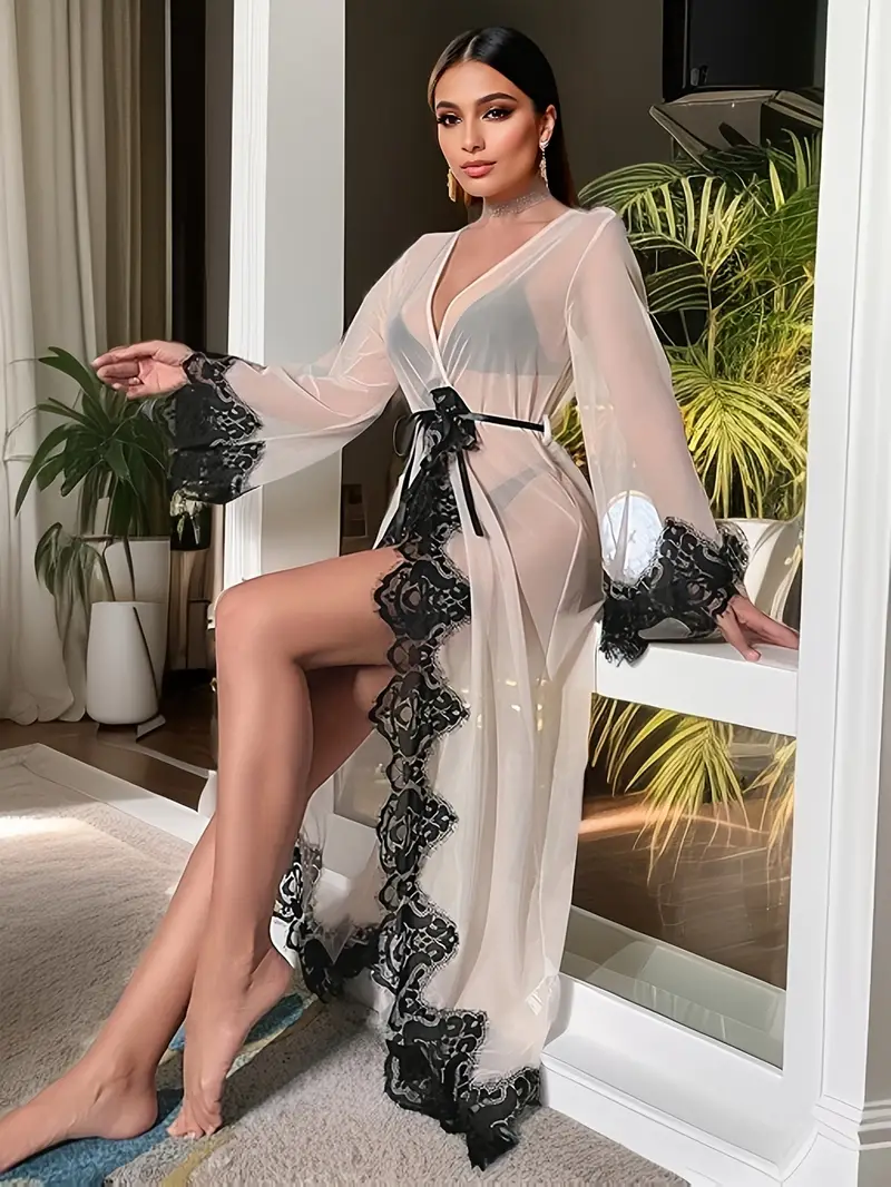 Contrast Lace Mesh Night Robe See Long Sleeve V Neck Robe Temu