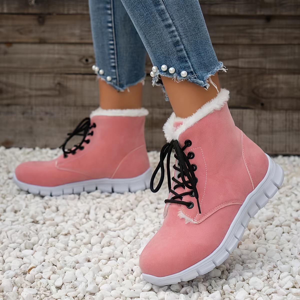 Women's Solid Color Snow Boots Lace Soft Sole Fuzzy Platform - Temu ...