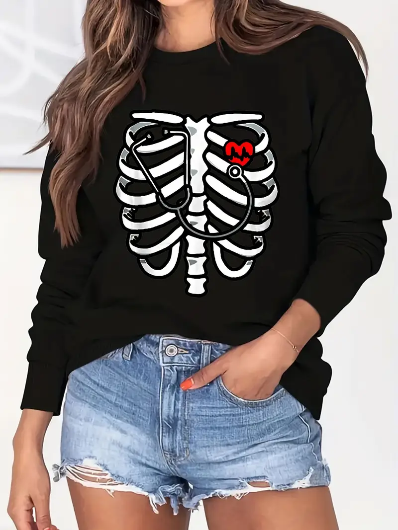 Skeleton Print Sweatshirt Casual Long Sleeve Crew Neck Sweatshirt