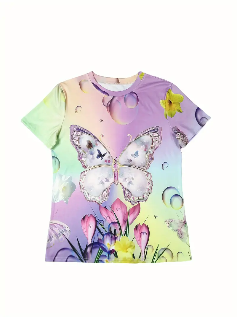 Floral Butterfly Print Crew Neck T Shirt Casual Short Sleeve Temu