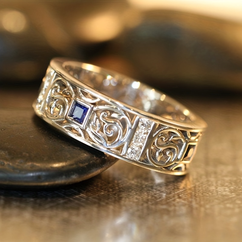 Vintage Open Ring Floral Inlaid Blue Cubic Zirconia Ring, Personality ...
