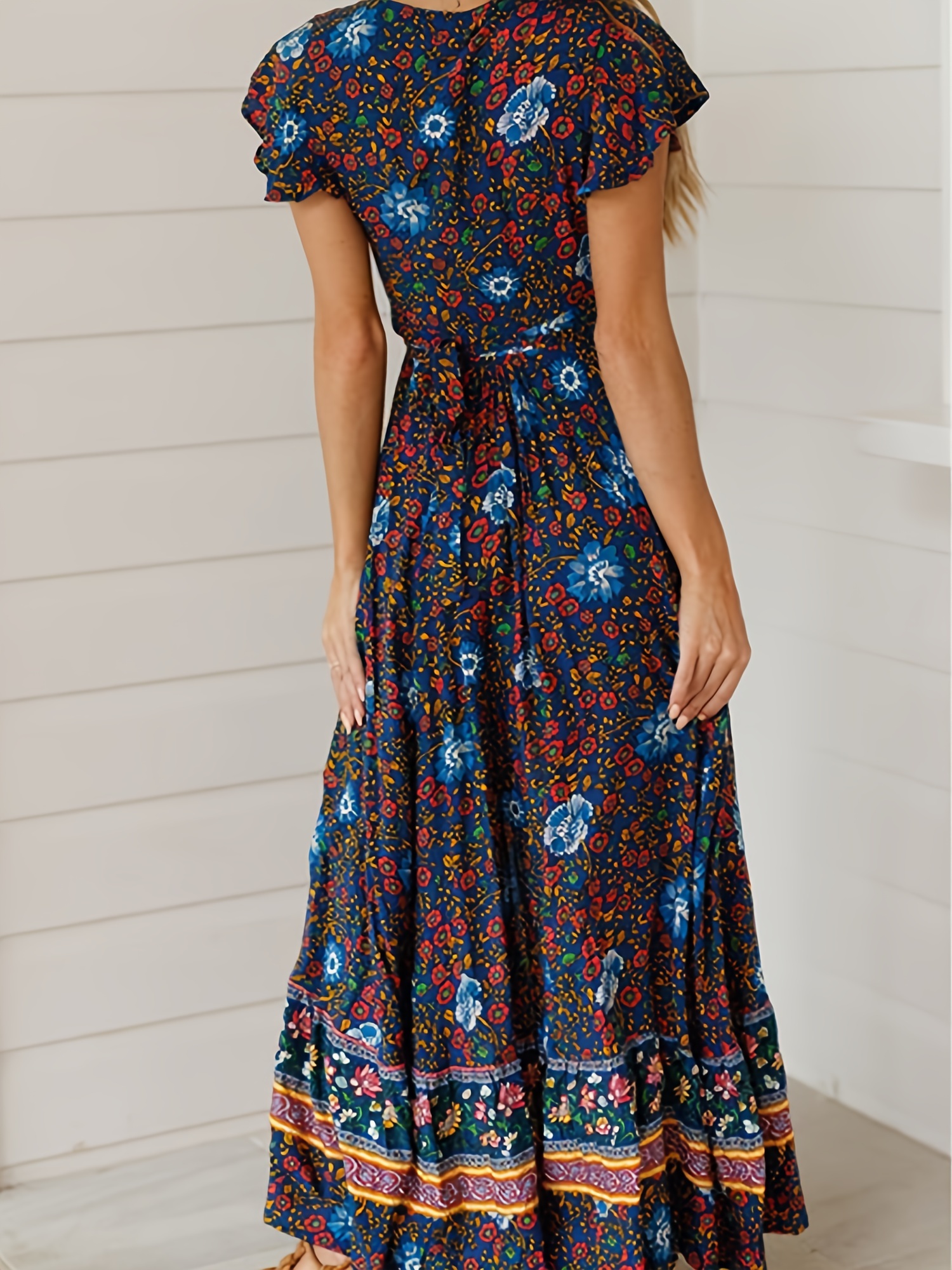 Floral Print Bohemian Maxi Dress, V Neck Short Sleeve Dress For Spring ...