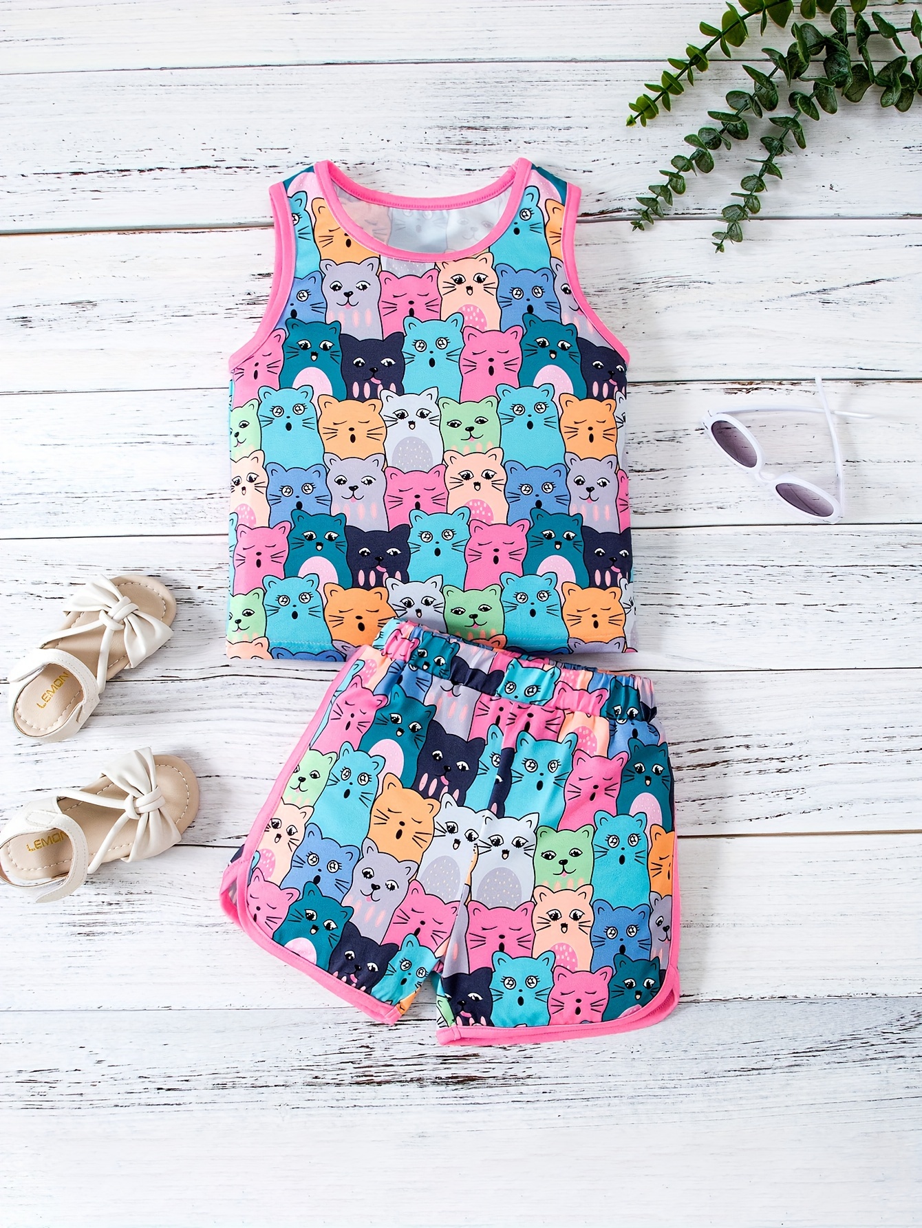 Kitty Print Outfits Cartoon Girls Comfy Sets Spring Summer - Temu Australia