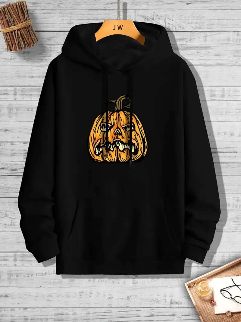 Halloween Pumpkin Print Hoodies For Men Graphic Hoodie With Kangaroo