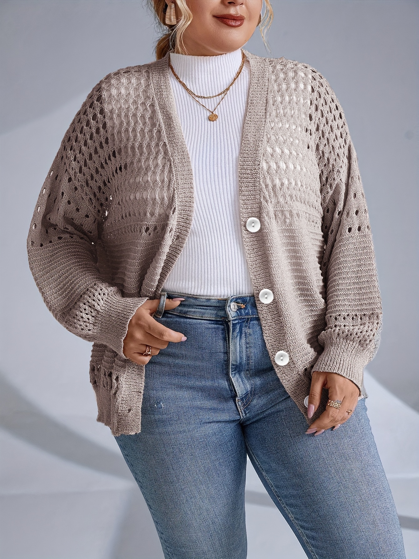 Plus Size Casual Cardigan Women's Plus Solid Hollow Long - Temu Australia