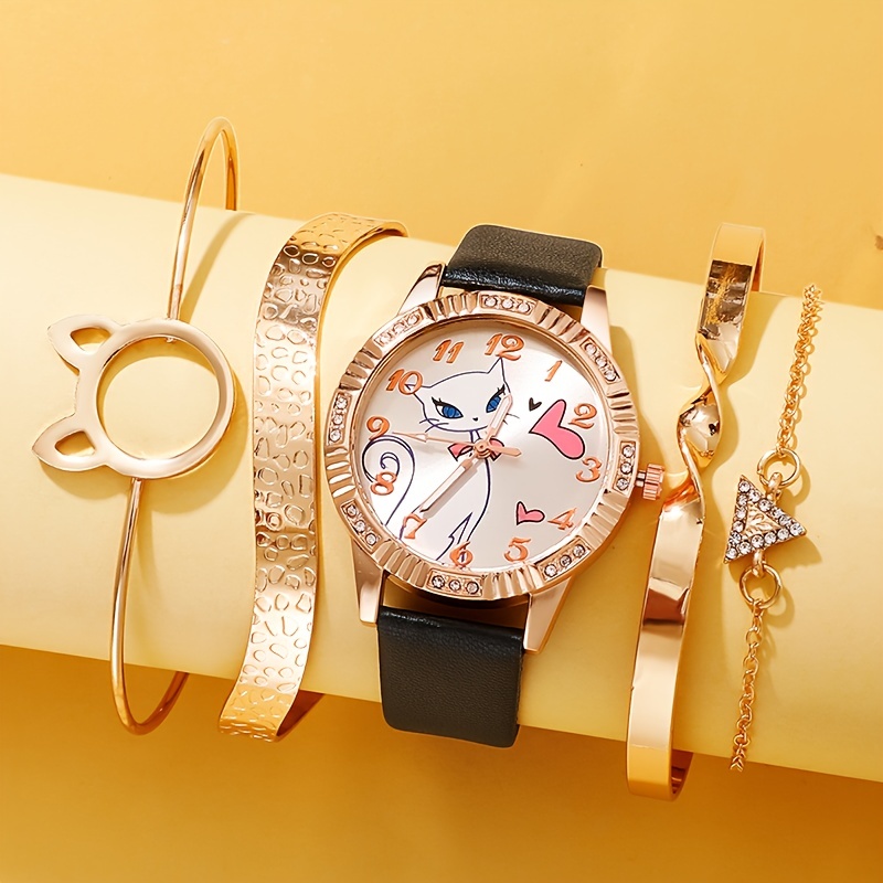 Women's Watch Cute Cat Rhinestone Quartz Watch Analog Pu - Temu United ...