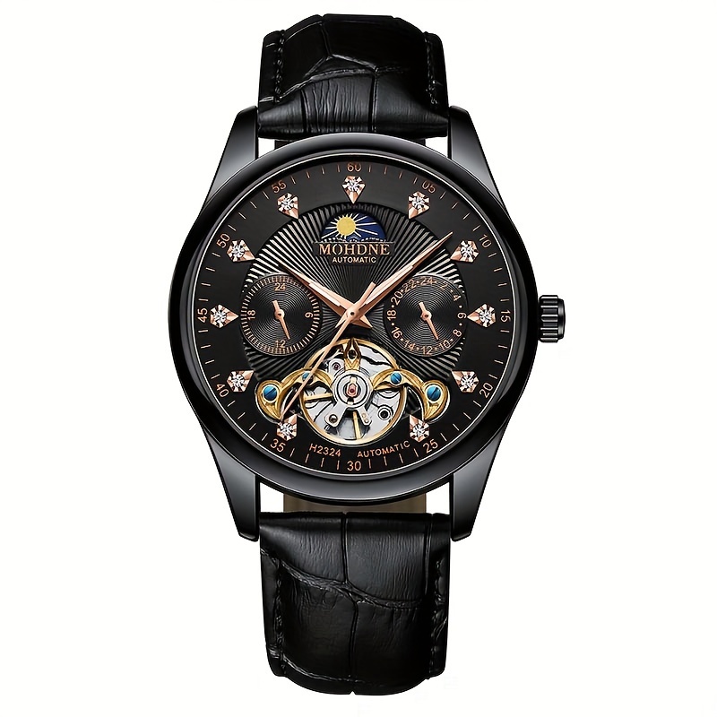 1pc Black Mens Alloy Leisure Sports Watch Moon Phase Display Hollow ...