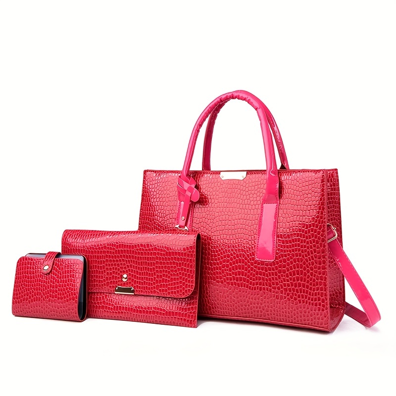 Women's Crocodile Pattern Bag Set Pu Leather Solid Color - Temu Canada