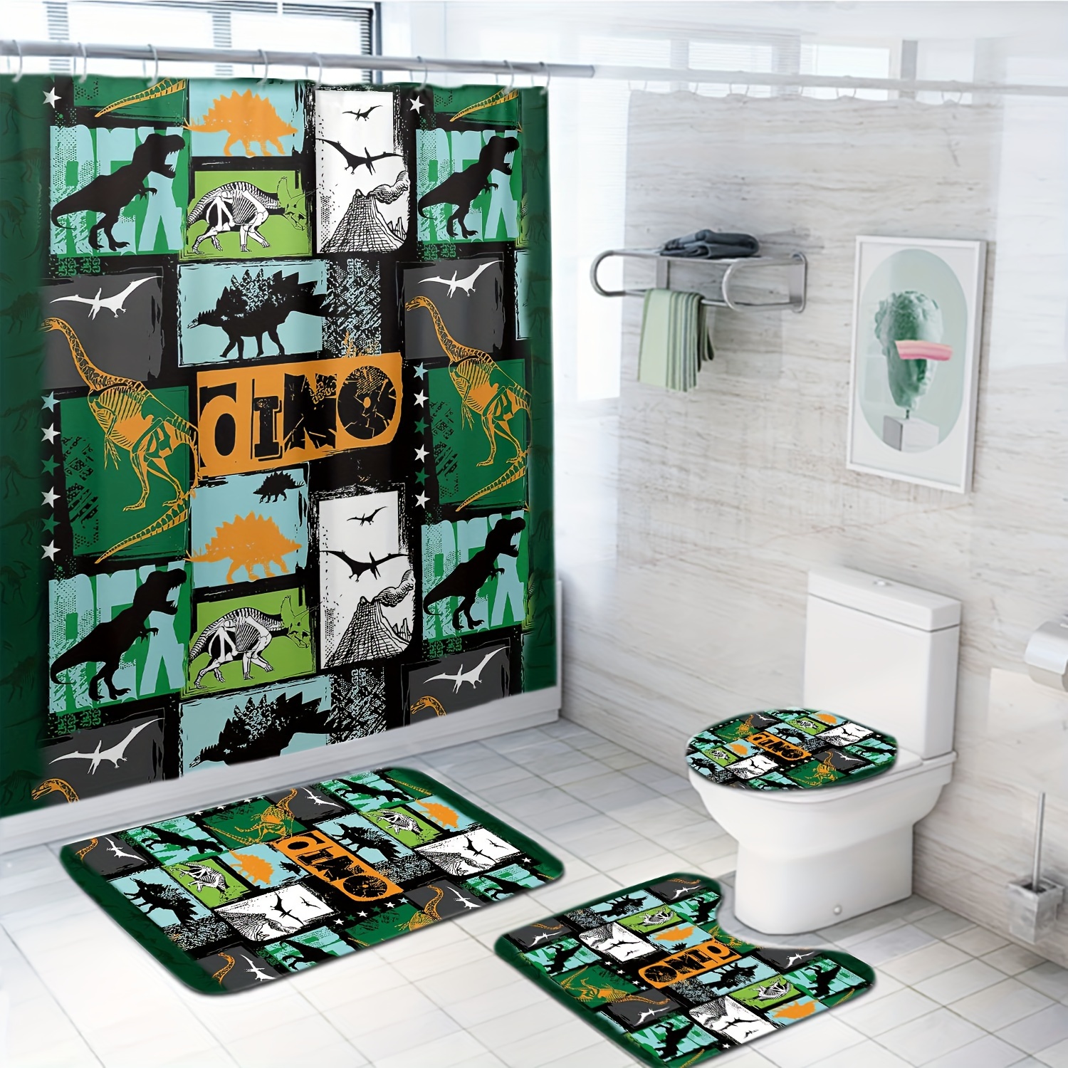 4pcs Various Dinosaur Pattern Shower Curtain Set Waterproof - Temu ...
