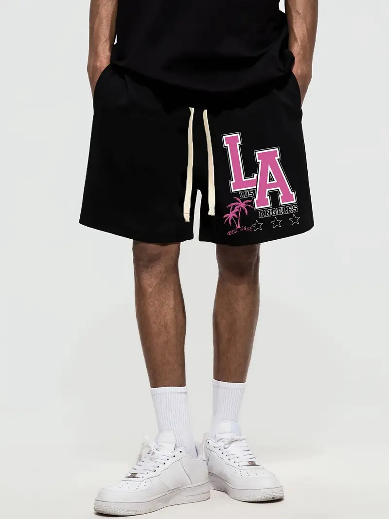 Mens Plus Size Trendy Shorts La Beach Scenery Alphabets Print