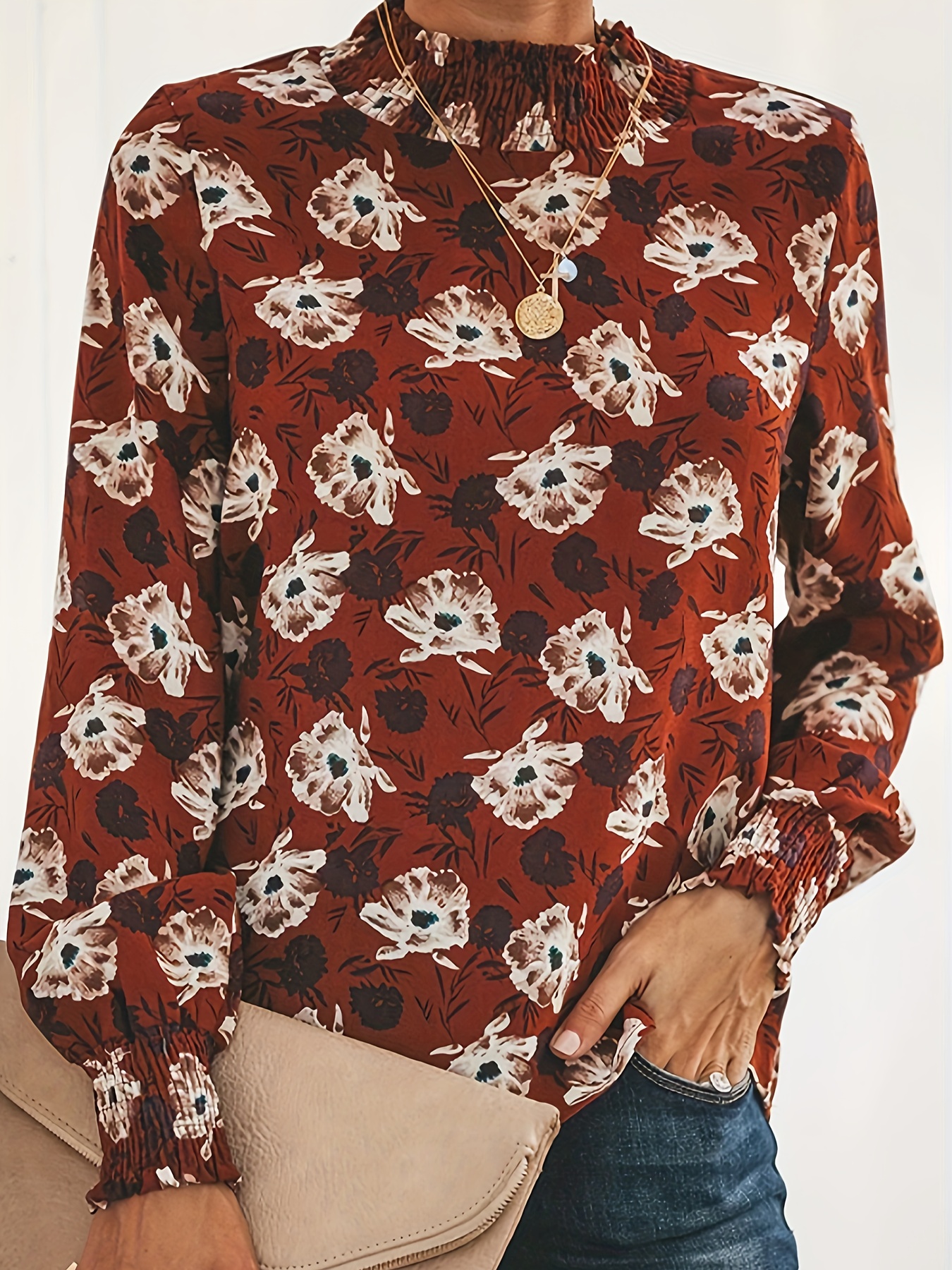 เสื้อบลาวส์คอม็อคพริ้นลาย สไตล์เก่า สำหรับฤ ไม้ผลิ - Temu Thailand