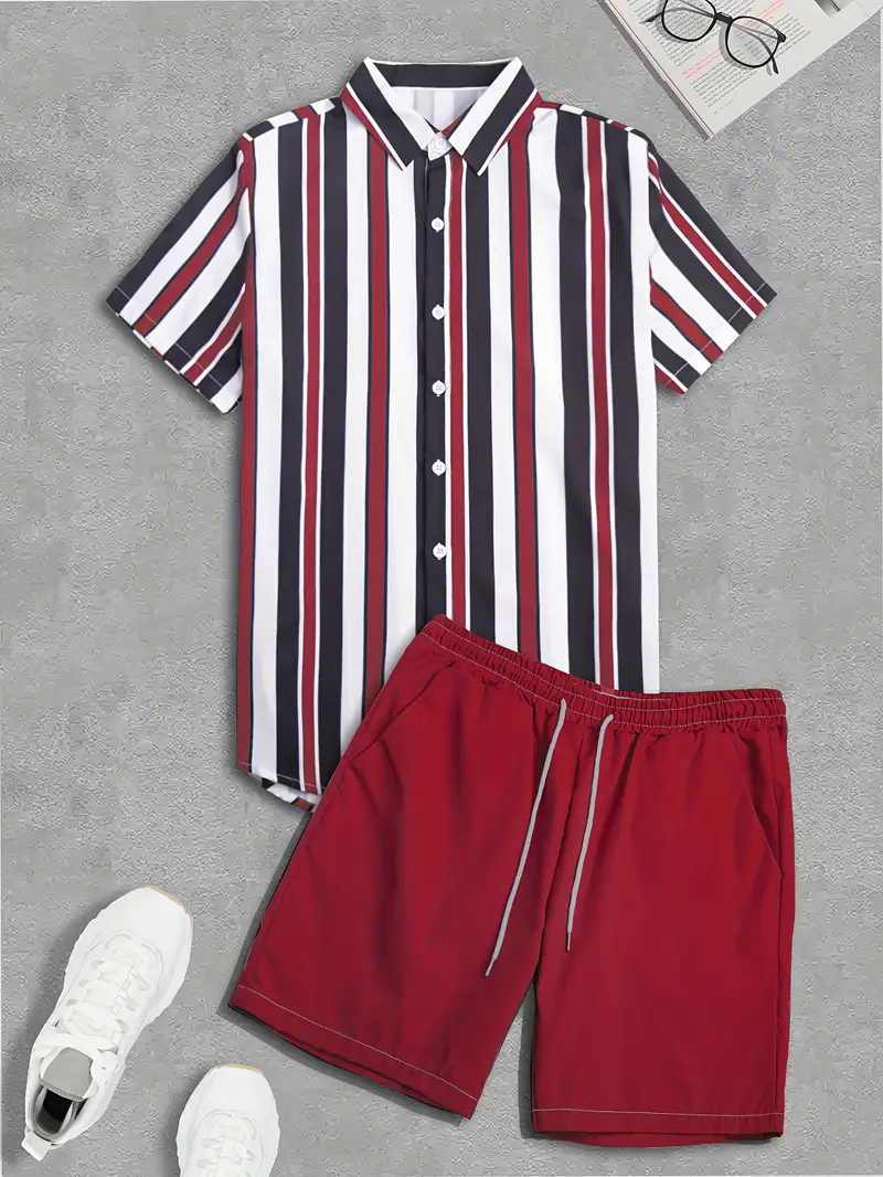 Mens Outfits Strip Print Button Shirt Drawstring Shorts Set {region