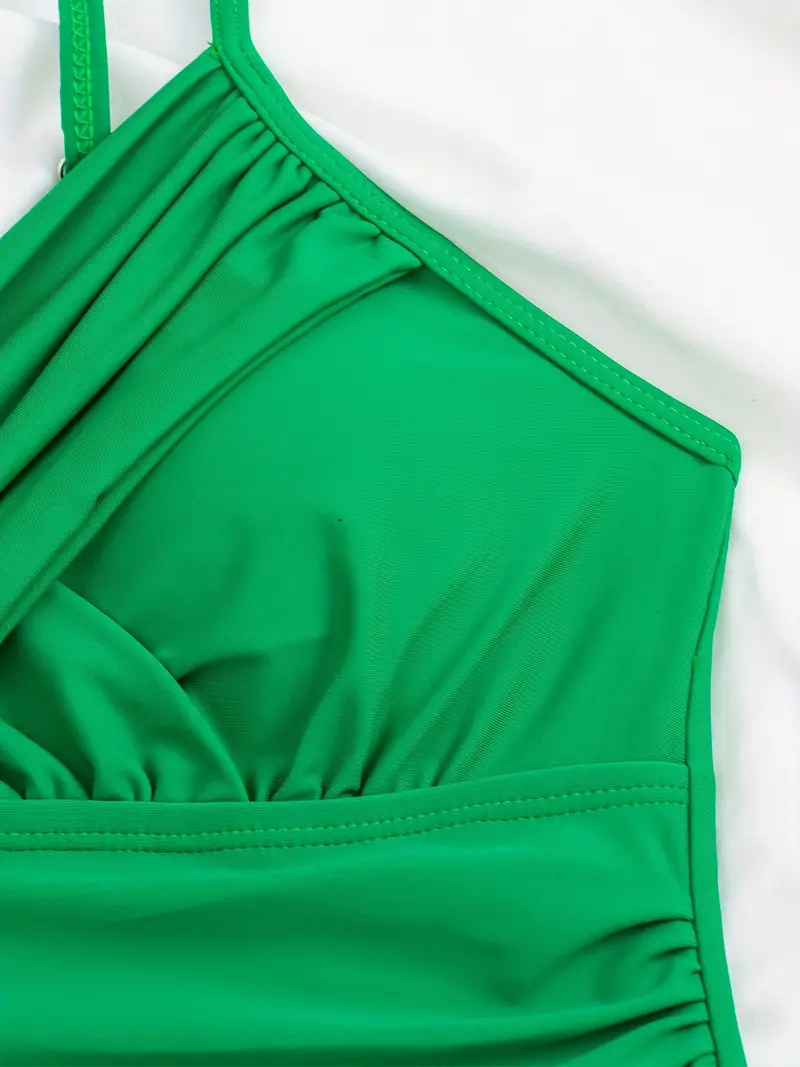 Twist Ruched Green One Piece Swimsuit Solid Color V Neck High Cut