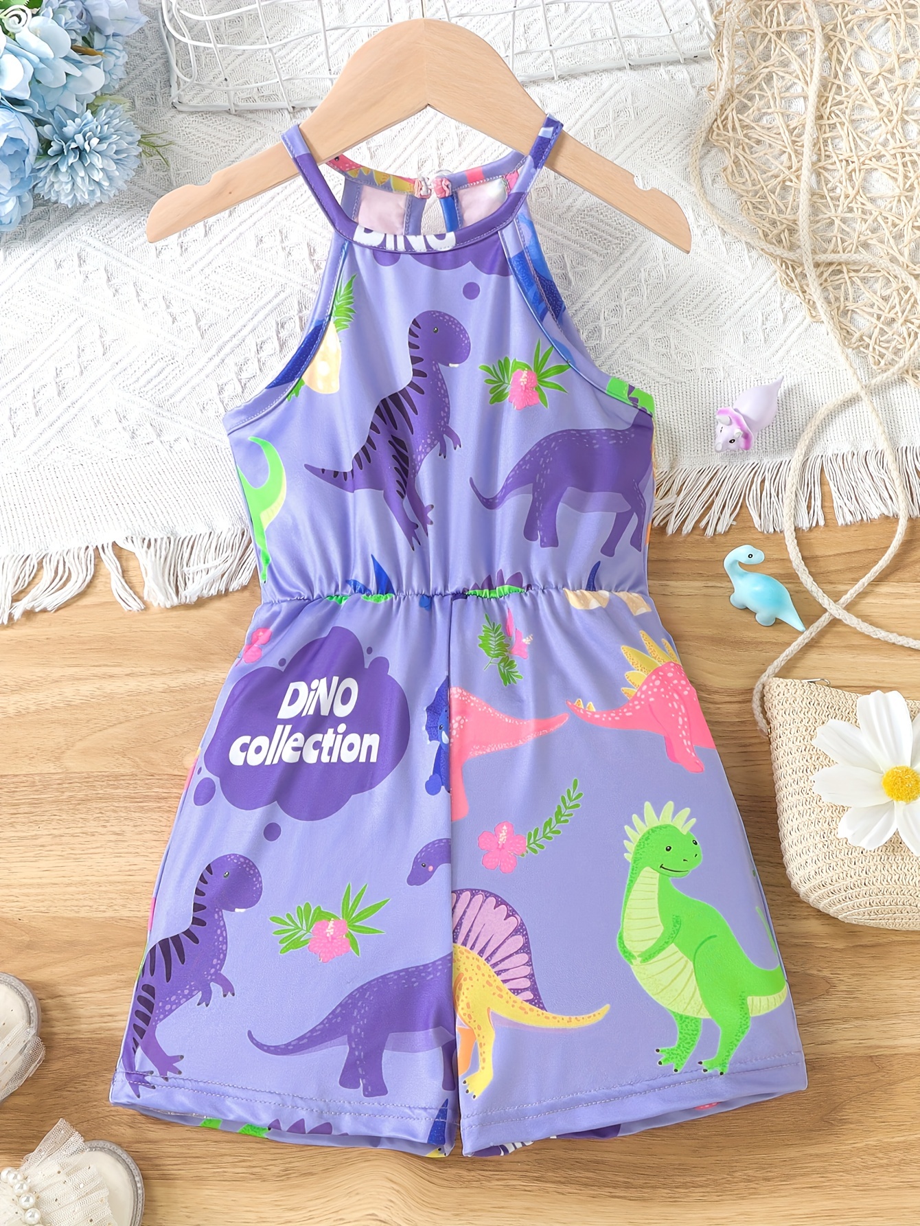 Cute Cartoon Dino Graphic Jumpsuit Girls Comfy Romper Summer - Temu Canada