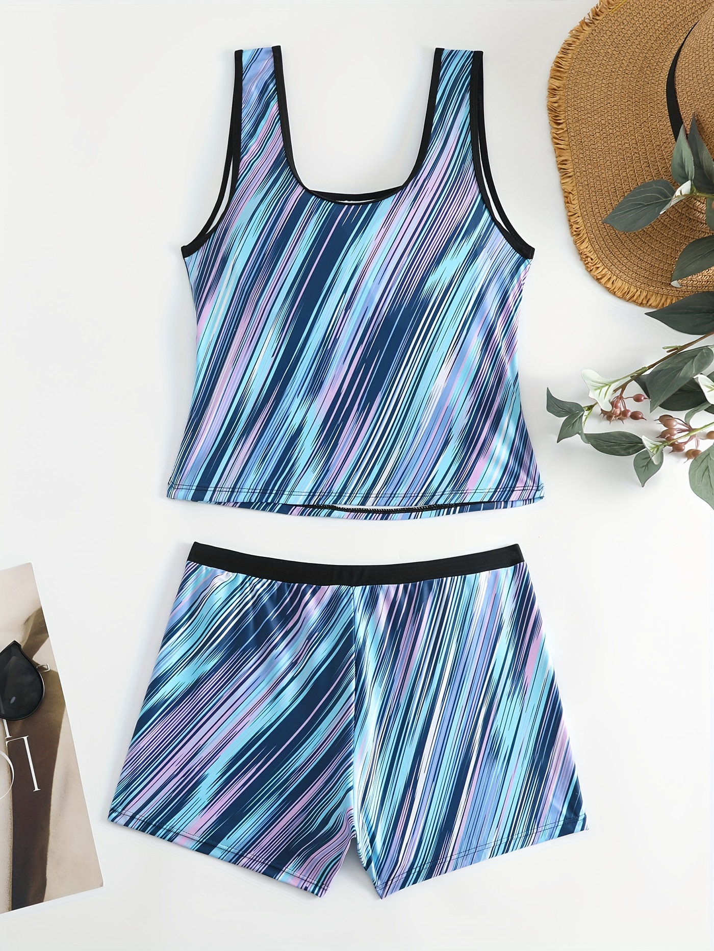 Striped Print Scoop Neck Tankini High Stretch Tank Top Comfy - Temu ...