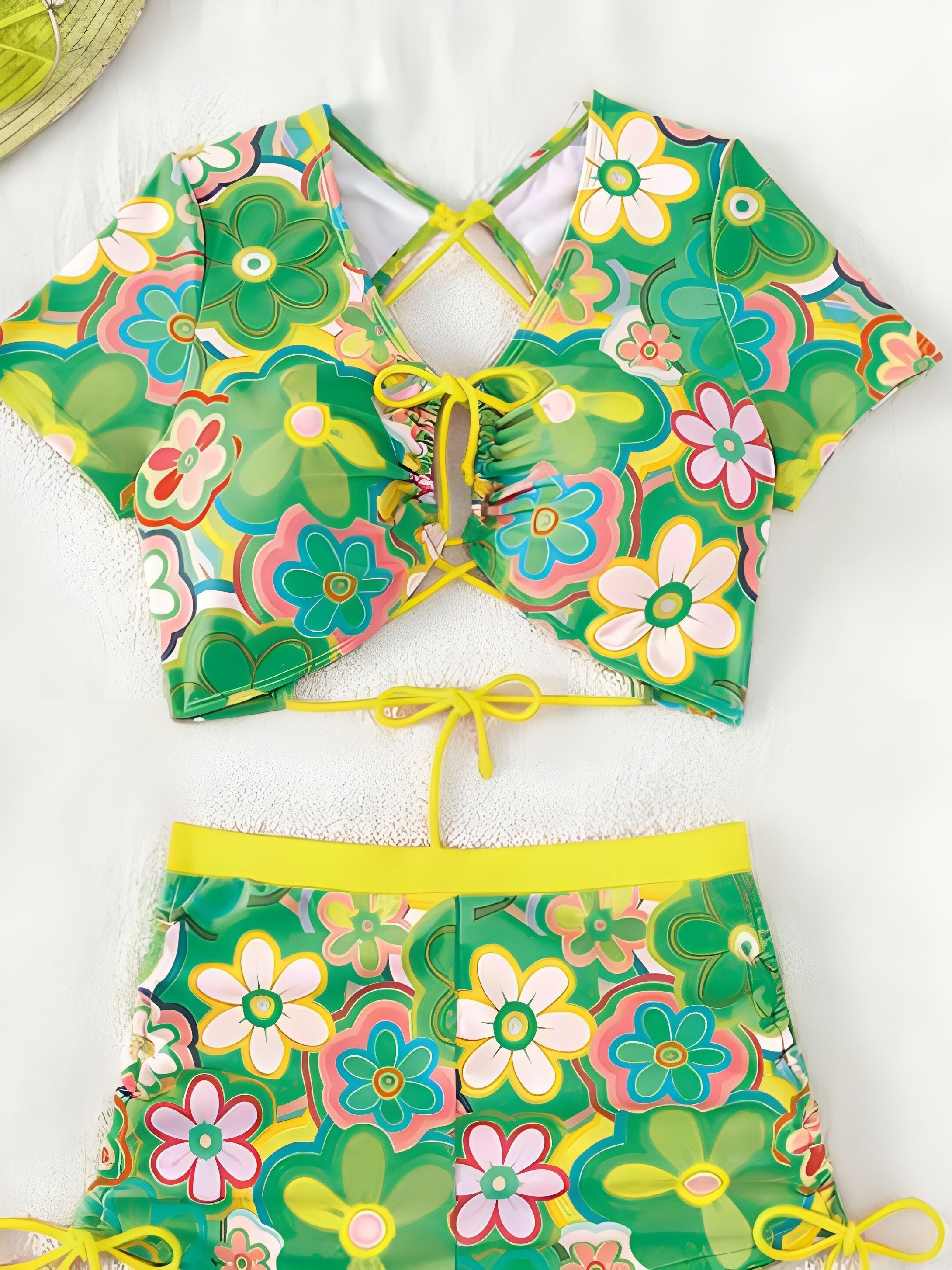 花柄十字タイストラップ 2 点セット タンキニ 巾着バックレス伸縮性水着 女性用水着 衣類 Temu Japan