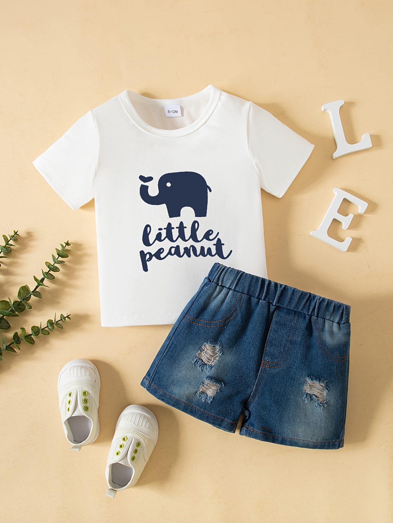 Baby's "little Peanut" Print Summer Outfit T shirt Ripped - Temu New ...