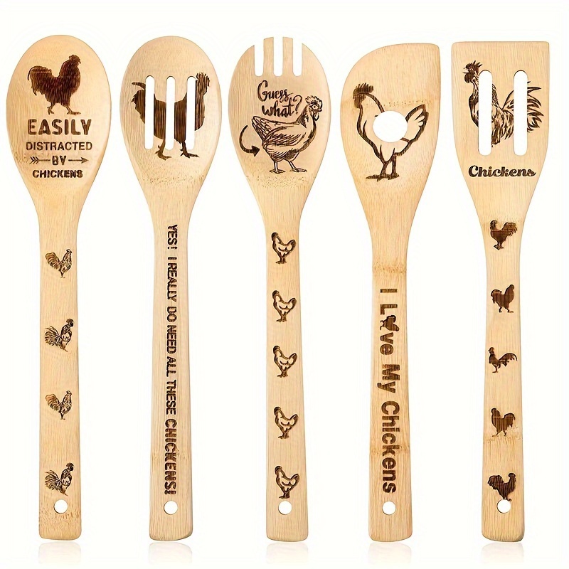5pcs/set, Rooster Chicken Bamboo Kitchen Utensils Set, For Cooking ...