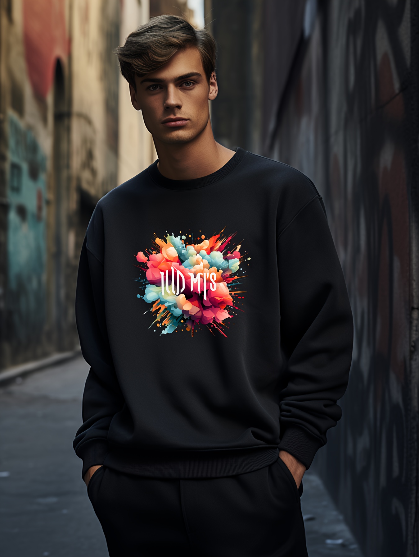 Letters Paint Smoke Print Men's Trendy Sweatshirt Casual - Temu