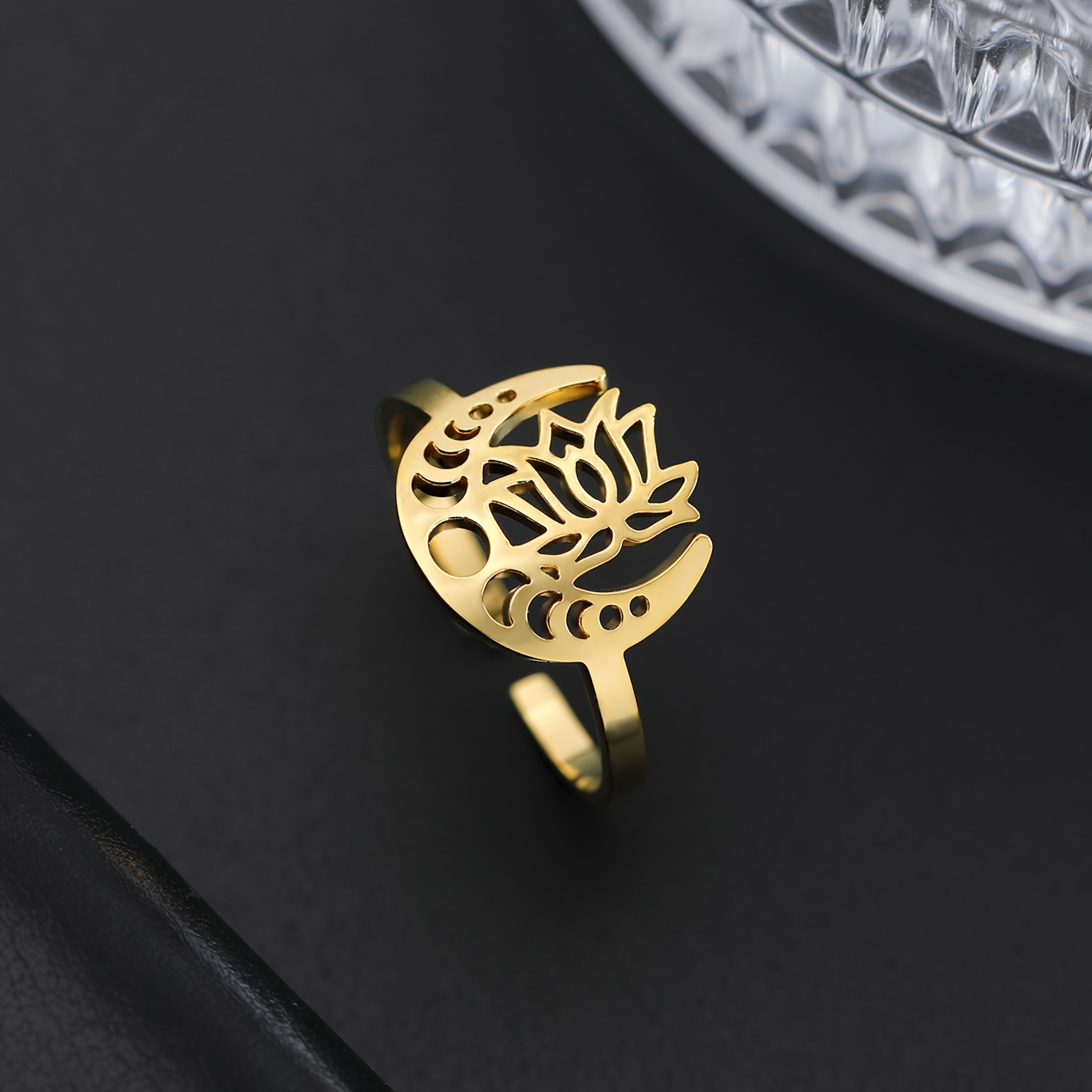 Moon Lotus Symbol Open Ring Stainless Steel Ring Holiday - Temu Canada