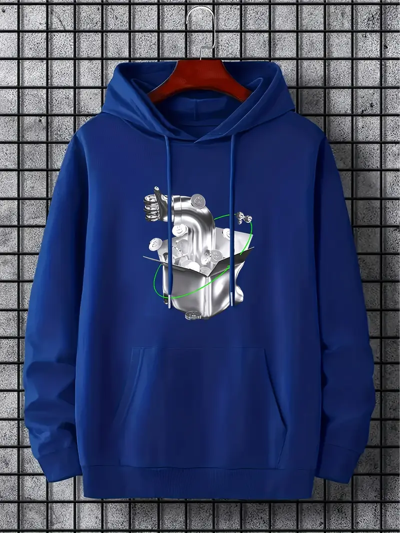 Graphic Print Hoodie Kangaroo Pocket Mens Casual Stretch Temu