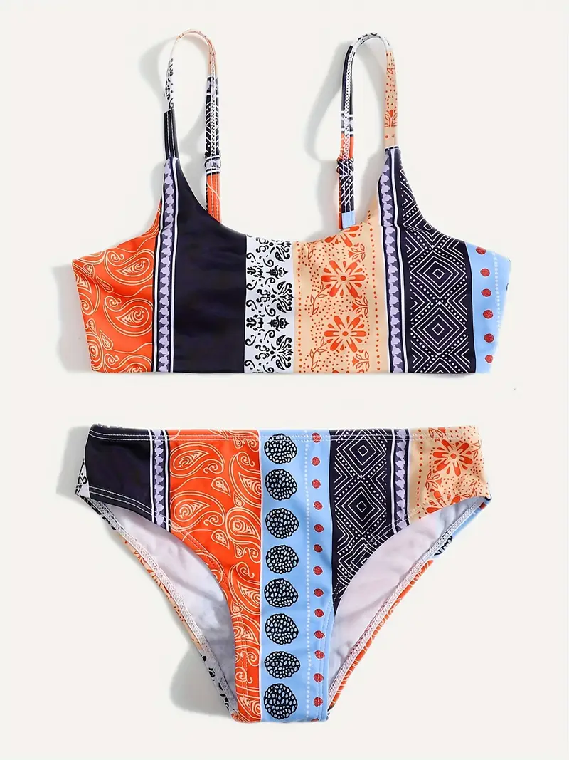 Geometric Print Bikini Sets Round Neck Spaghetti Straps High Temu New