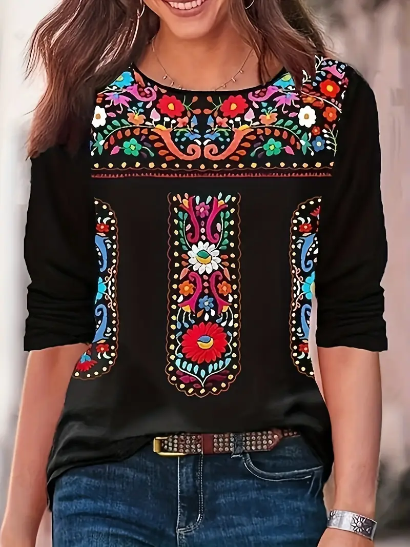 Colorful Floral Print Crew Neck T Shirt Casual Long Sleeve Temu