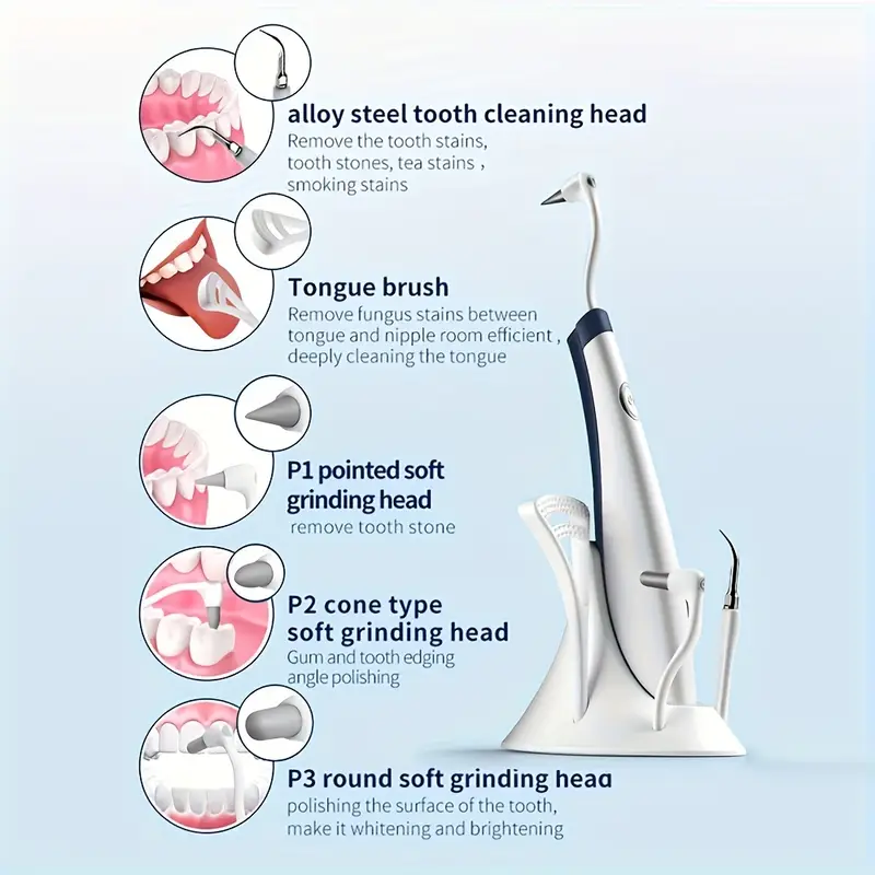 5 In 1 음파 진동 광 가이드 건식 치과 스케일러 치아 세척 및 혀 코팅을 위한 다기능 기기 Led 조명 장착