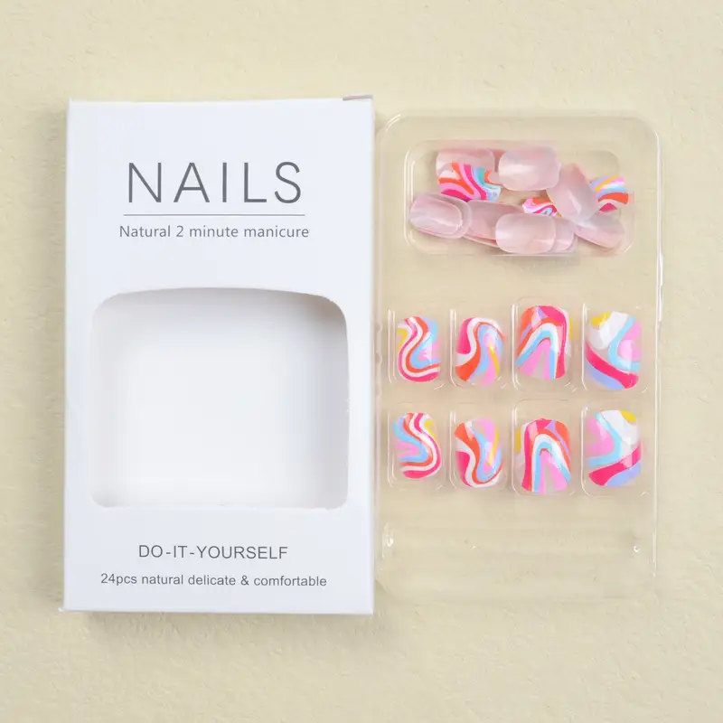 Rainbow Swirl Press On Nails Glossy Full Coverage Short Oval False