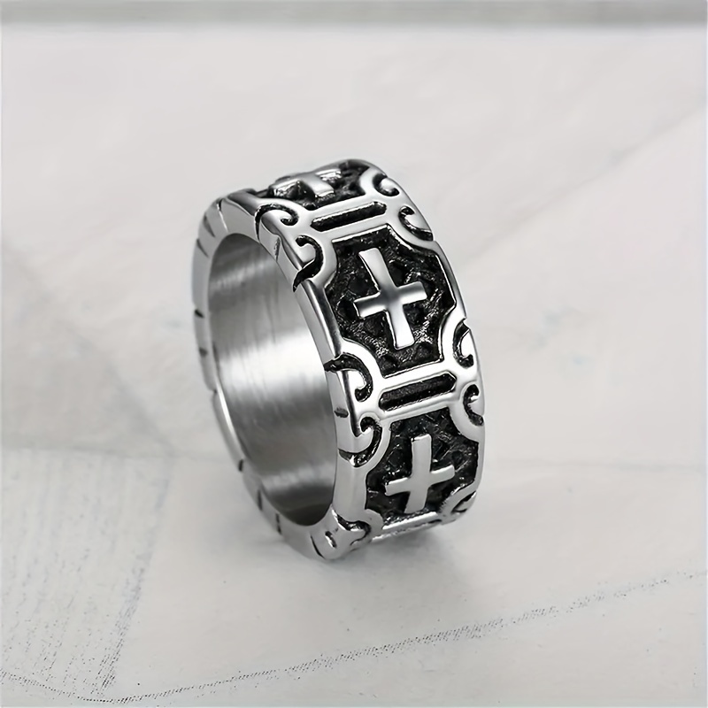 Classic Stainless Steel Ring Cross Pattern Men's Hip Hop - Temu United ...