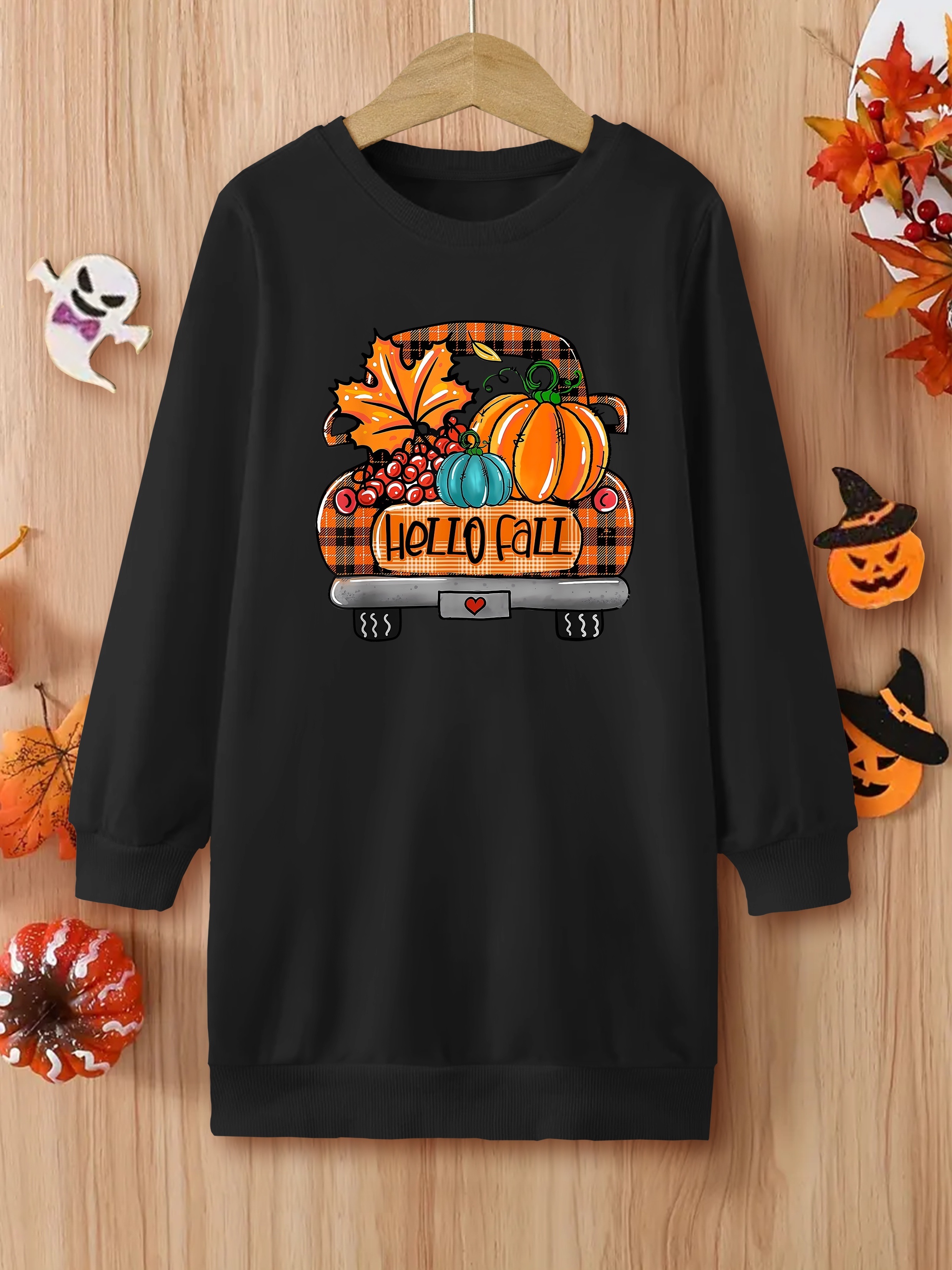 Girls "hello Fall" Print Sweatshirt Cartoon Plaid Truck - Temu Ireland