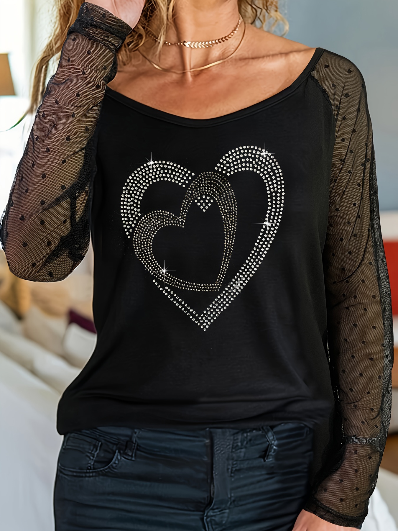 heart pattern crew neck t shirt casual illusion sleeve top - Temu New ...