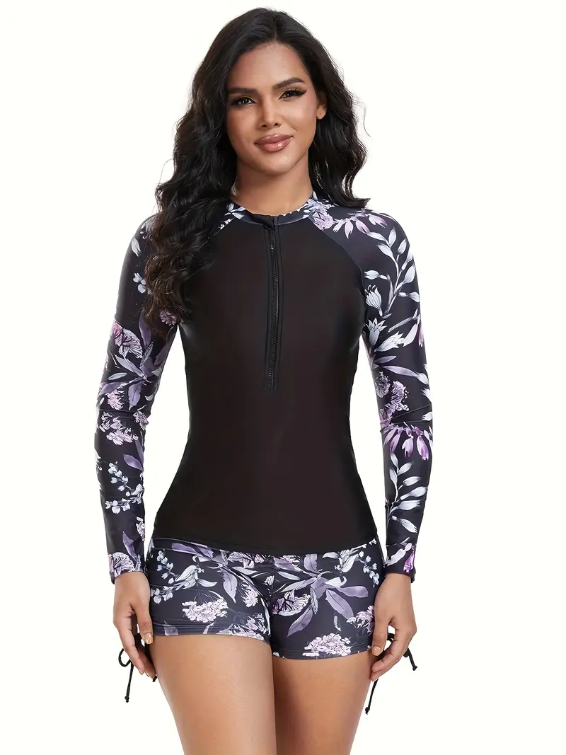 Traje Baño 2 Piezas Cordón Cremallera Estampado Floral Temu Mexico