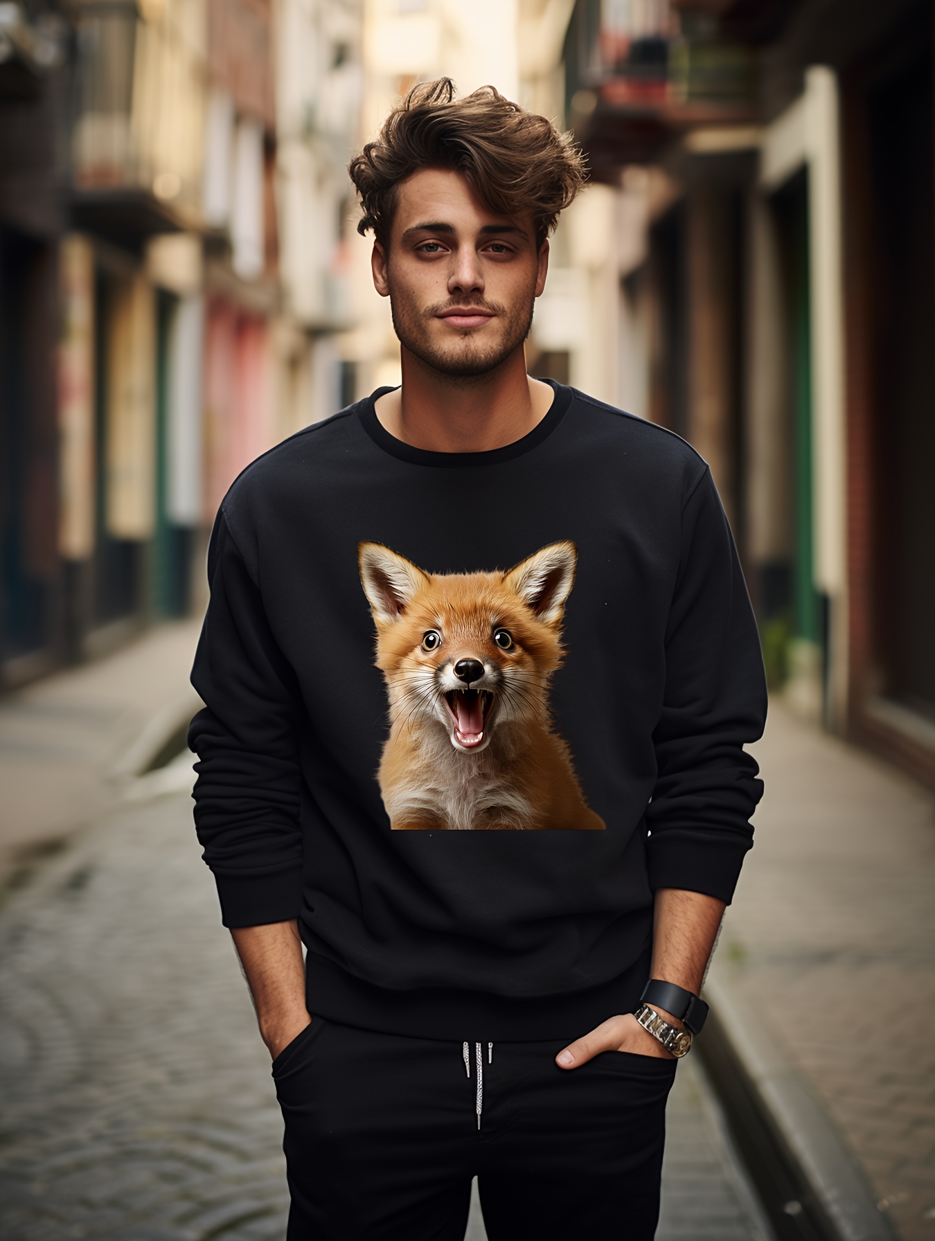 Cartoon Fox/red Cloud Print Sweatshirt Men Trendy Long - Temu Ireland