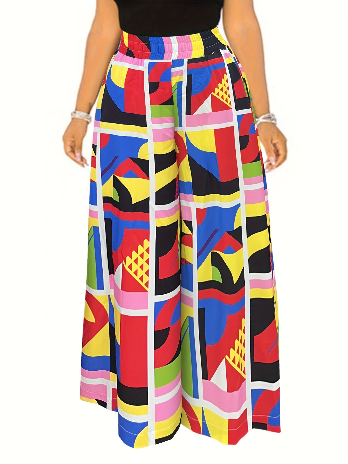 Pants Plus Size Colorblock Geometric Print Wide Leg Casual Temu Canada