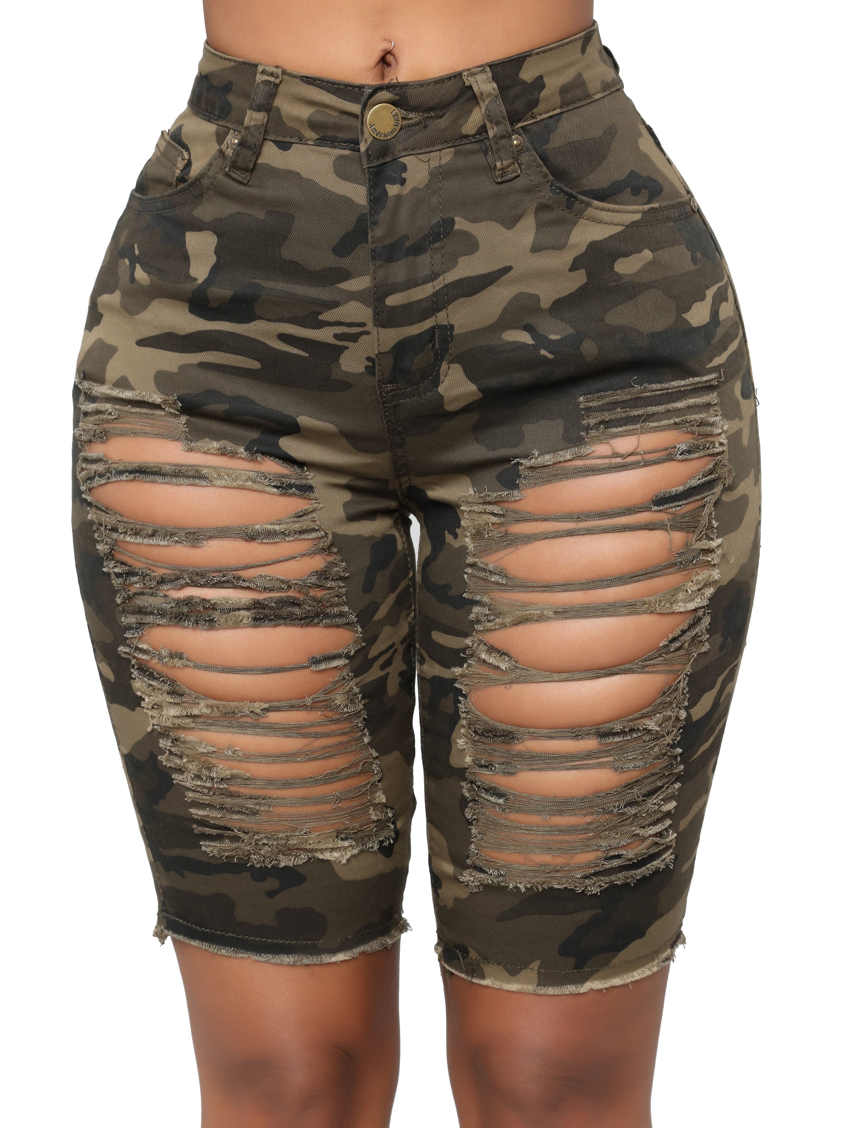 Camo Hem Denim Shorts Slim Fit Ripped Holes High Waist Denim Shorts ...