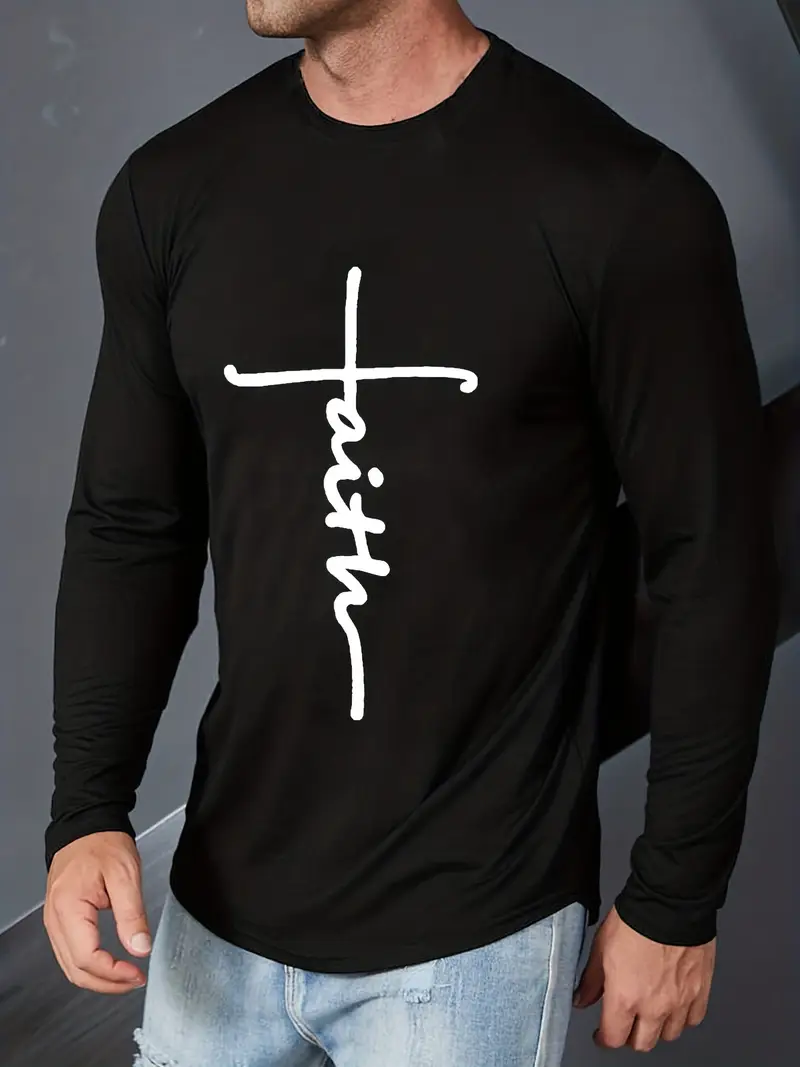Plus Size Mens Faith Print Long Sleeve T Shirts Elastic Casual Tops
