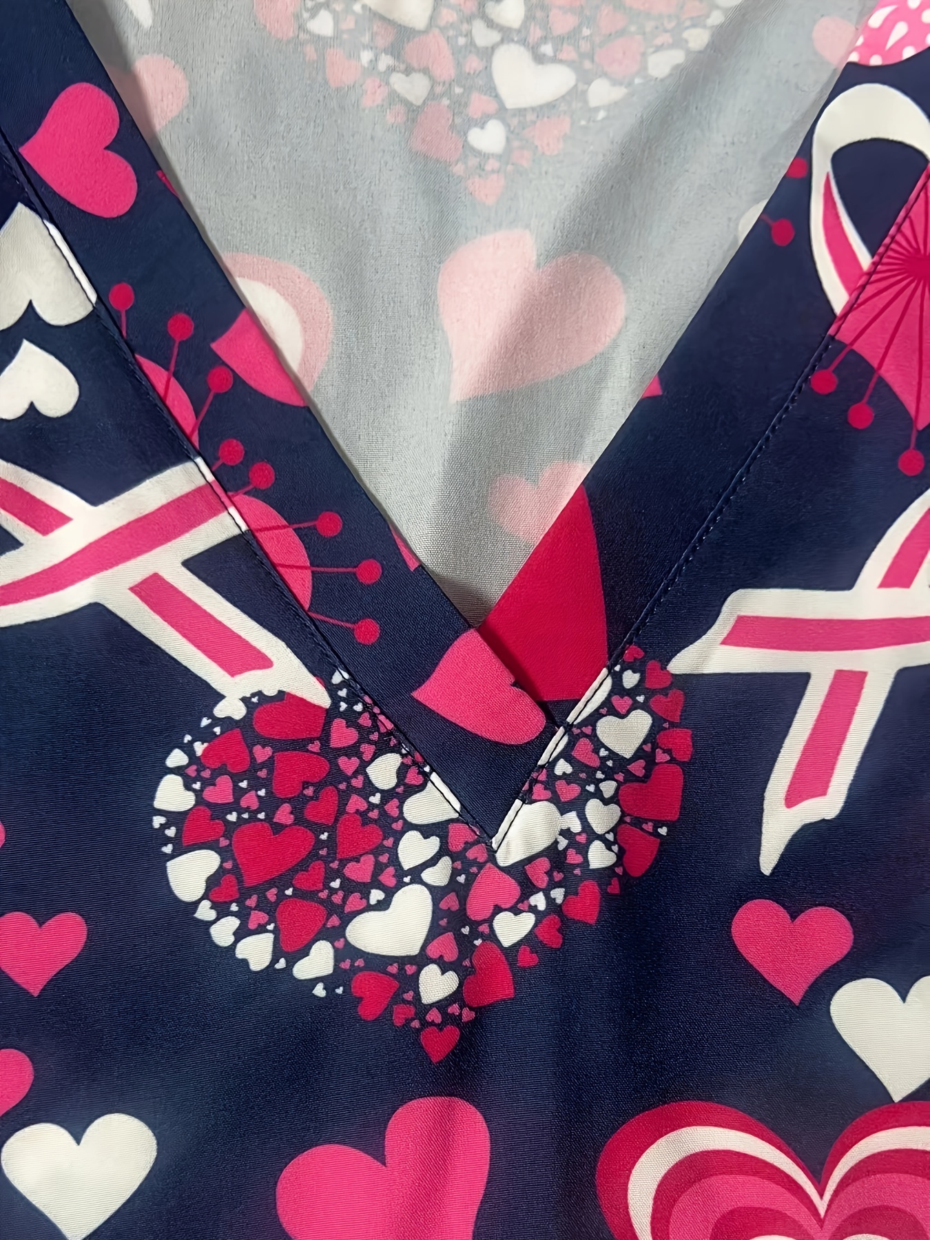 Heart Print Scrubs Top V Neck Functional Patched Pockets - Temu