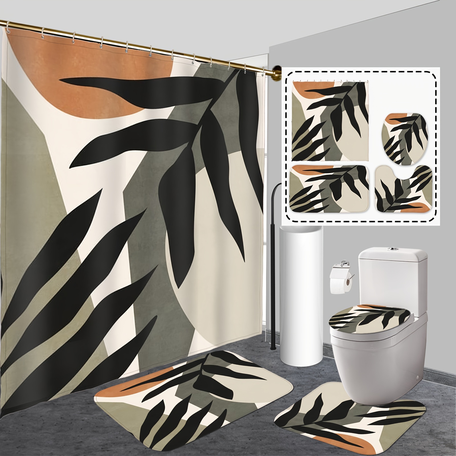 morandi color leaves printed shower curtain set waterproof - Temu Australia