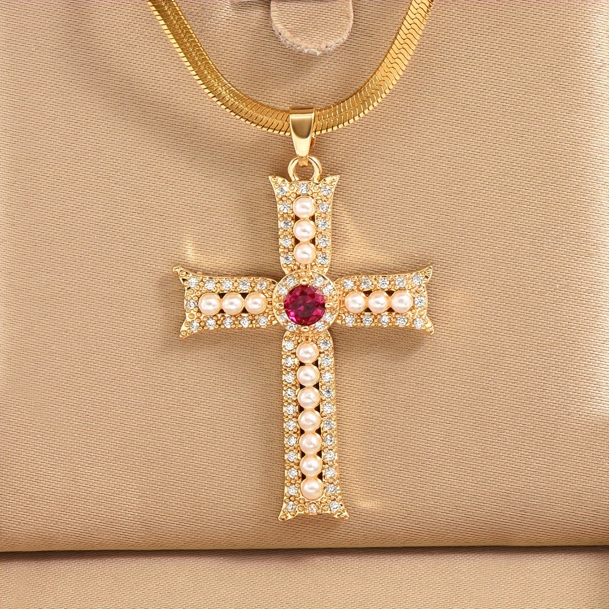 Golden Synthetic Zirconia Inlaid Cross Pendant Necklace Men - Temu ...